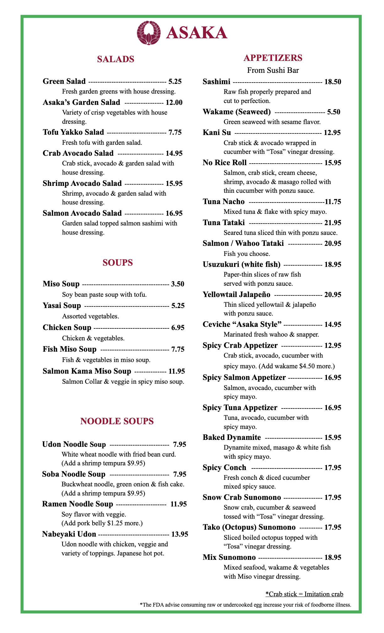 Dinner – ASAKA JAPANESE RESTAURANT