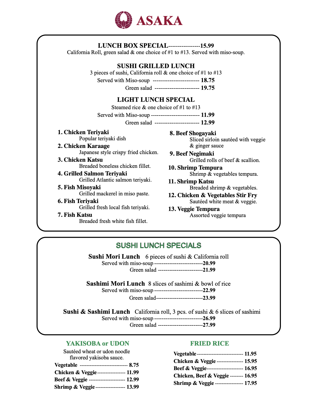 Lunch – ASAKA JAPANESE RESTAURANT